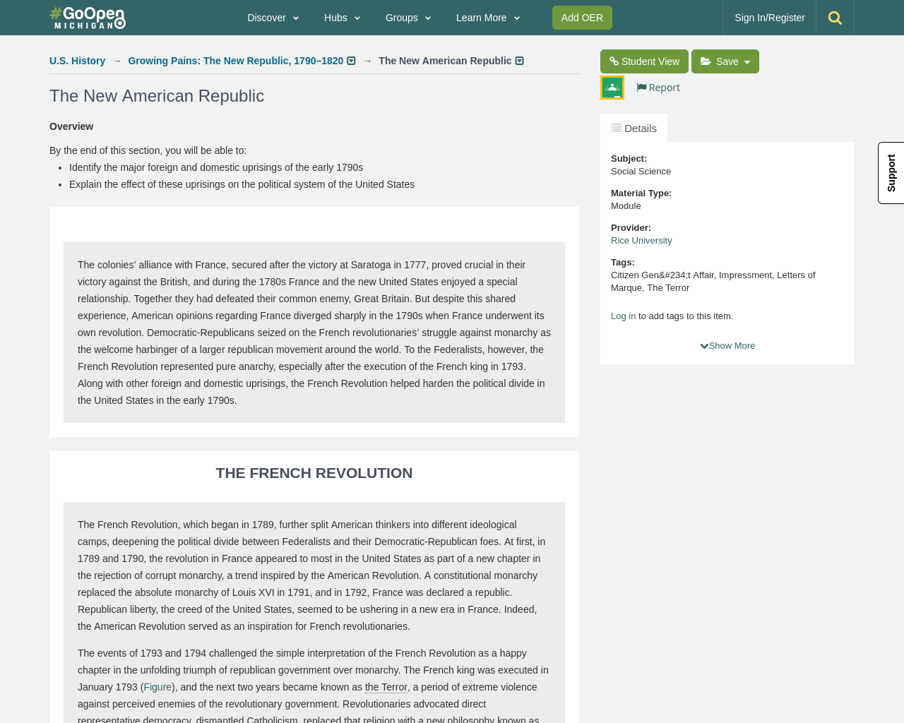U.S. History, Growing Pains: The New Republic, 1790–1820, The New ...