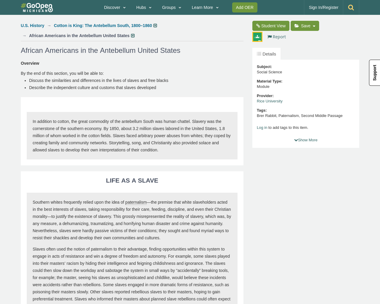 U.S. History, Cotton is King: The Antebellum South, 1800–1860, African ...