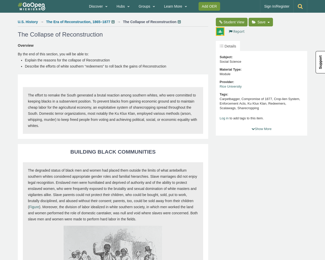 U.S. History, The Era of Reconstruction, 1865–1877, The Collapse of ...