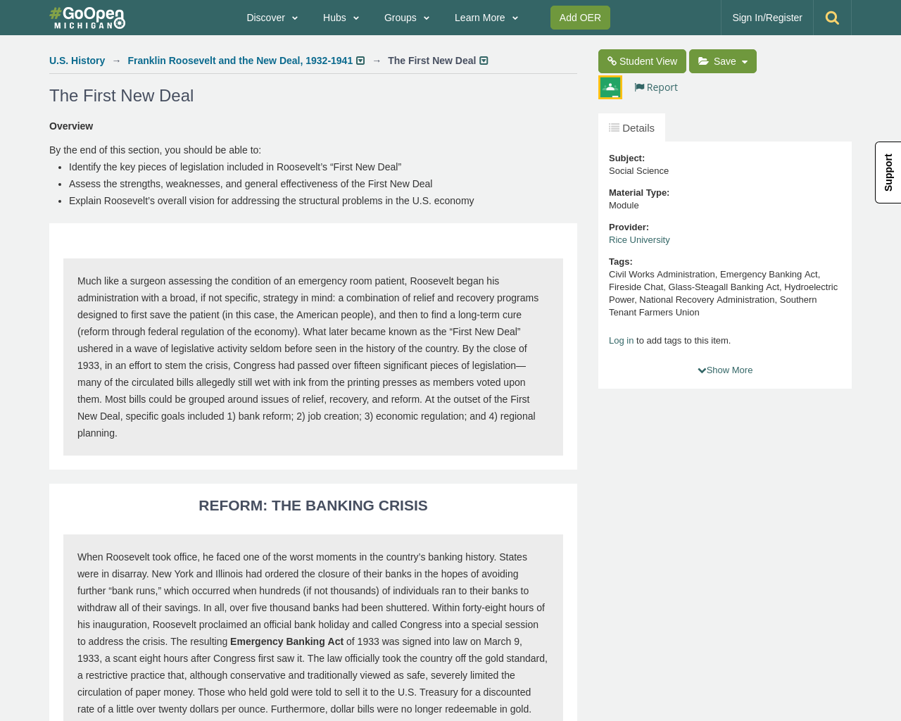 U.S. History, Franklin Roosevelt and the New Deal, 1932-1941, The First ...